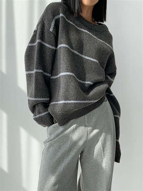 Dazy Striped Pattern Drop Shoulder Sweater Shein Usa