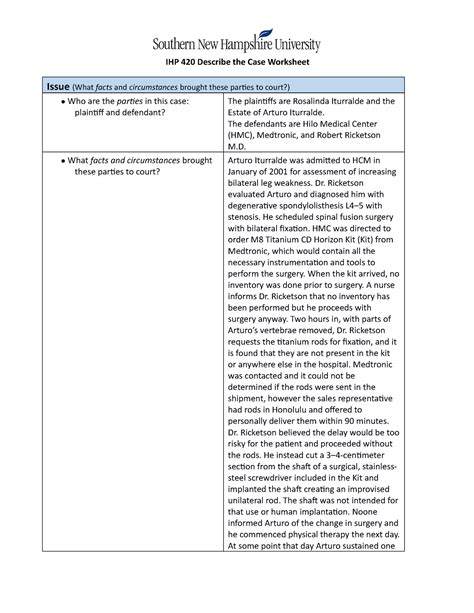 IHP 420 Describe The Case Worksheet 1 IHP 420 Describe The Case