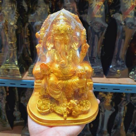 พระพิฆเนศปางประทับนั่งบัลลังก์ประทานพร สีน้ำทอง หน้าตัก5นิ้ว สูง22ซม