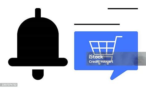 까만 알림 벨 그리고 온라인 쇼핑 경고를 위한 쇼핑 카트 아이콘이 있는 파란 말풍선 가격에 대한 스톡 벡터 아트 및 기타 이미지 가격 개념 개념과 주제 Istock