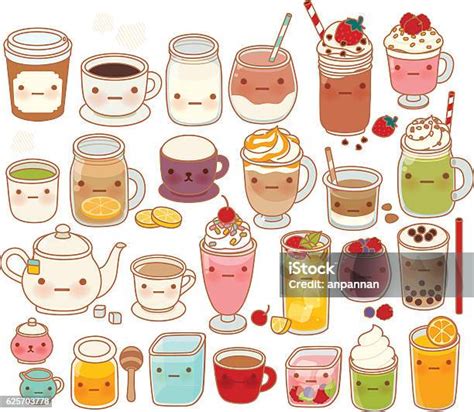 사랑스러운 뜨겁고 차가운 음료 아이콘 귀여운 차의 컬렉션 우유에 대한 스톡 벡터 아트 및 기타 이미지 우유 마실 것 라떼 Istock