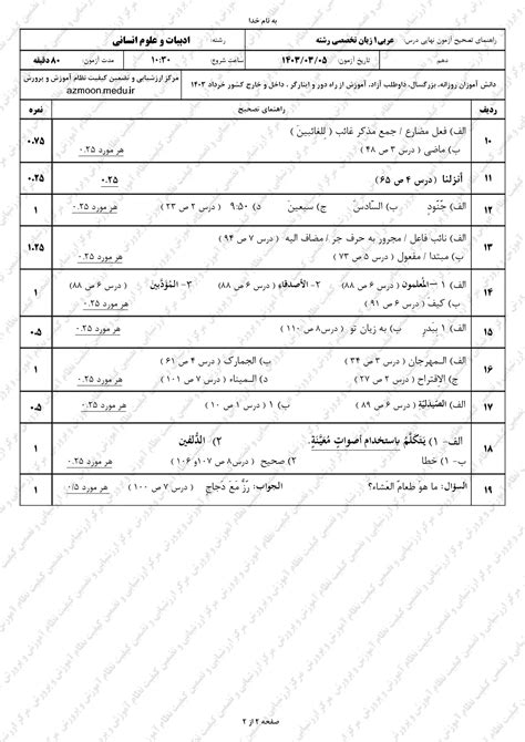 پاسخنامه تشریحی امتحان نهایی عربی دهم انسانی خرداد ۱۴۰۳