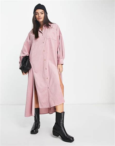 Asos Design Oversize Maxi Hemdkleid Aus Cord In Rosa Mit Schlitzen Asos