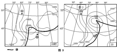 图3是某日08时和20时海平面气压分布图 读图 回答第7题 7．由08时到20时 图中 A．①地风向偏北 风力逐渐减弱 B．②地受——青夏教育精英家教网——
