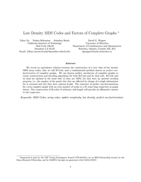 Pdf Low Density Mds Codes And Factors Of Complete Graphs