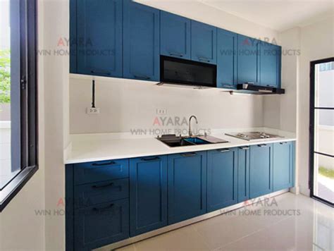 ชุดครัว Built In โครงซีเมนต์บอร์ด หน้าบาน Pvc สีฟ้าเข้ม เซาะร่อง Stack