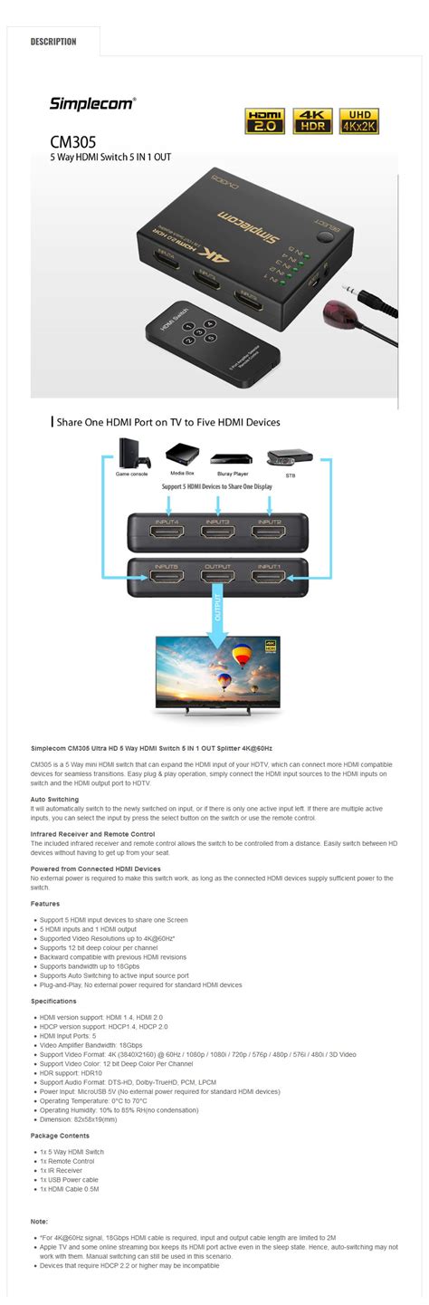Simplecom CM Way HDMI Switch In Out Splitter HDCP K Hz HDR CM Mwave