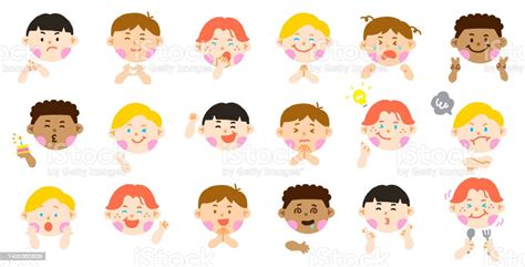 혼합 다른 다양한 국적 다양성 다양한 소년 키즈 어린이 다른 표현 감정 감정 감정 이모티콘 손 낙서 캐릭터 감정 얼굴 컬렉션
