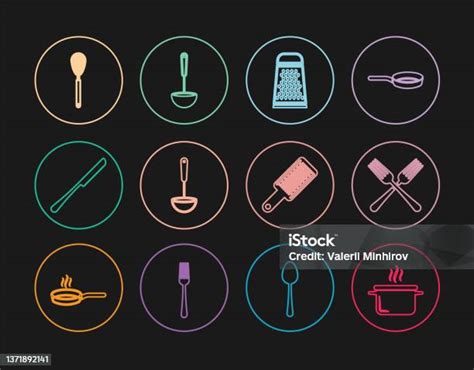 세트 라인 요리 냄비 크로스 포크 강판 부엌 국자 칼 거품기 아이콘 벡터 가정 생활에 대한 스톡 벡터 아트 및 기타 이미지 가정 생활 가정 주방 가정의 방 Istock