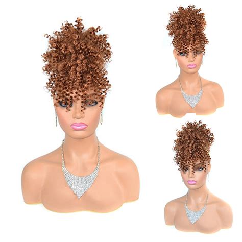 Afro High Puff Hair Bun Wig With Bangs Synthetic Clip In On Wrap Updo