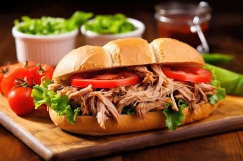 Premium Ai Image Pulled Pork Sandwich With Lettuce And Tomato