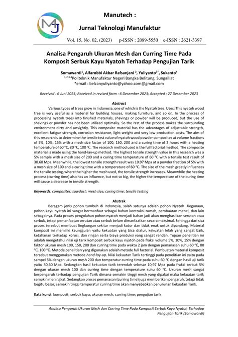Pdf Analisa Pengaruh Ukuran Mesh Dan Curring Time Pada Komposit Serbuk Kayu Nyatoh Terhadap