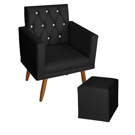 Kit Poltrona Thais Capitonê Strass Rodapé e Puff Quadrado Suede Preto Móveis Mafer