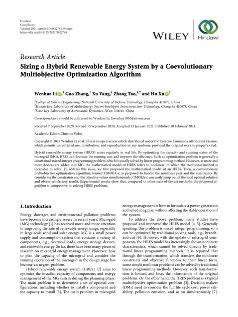 Pdf Sizing A Hybrid Renewable Energy System By A Coevolutionary