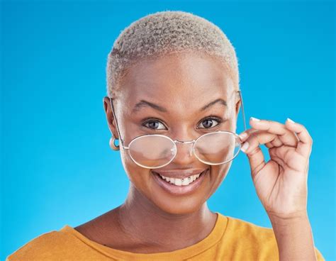 Premium Photo Happy Portrait And Black Woman With Glasses On A Blue