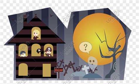 손으로 그린 할로윈 Q 버전 유령의 집 현장 Png 일러스트 무료 다운로드 Lovepik