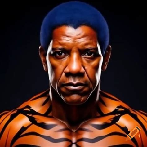 Muscular Person With Tiger Style Makeup Featuring Blue Hair And Orange Skin With Black Stripes