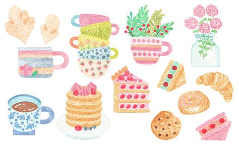 주전자 쿠키 차 케이크 찻주전자 팬케이크 및 기타 맛있는 음식과 음료 차와 과자의 수채화 귀여운 세트 티 타임 및 아침 식사 시간 컬렉션입니다 시간에 대한 스톡 벡터 아트