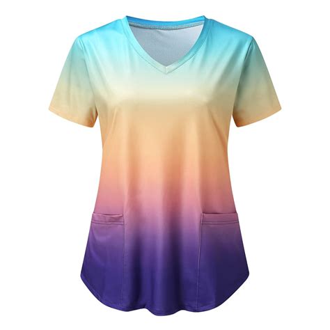 Kihout Women Gradient Color Shirt Tunic Top Short Sleeve V Neck Tops