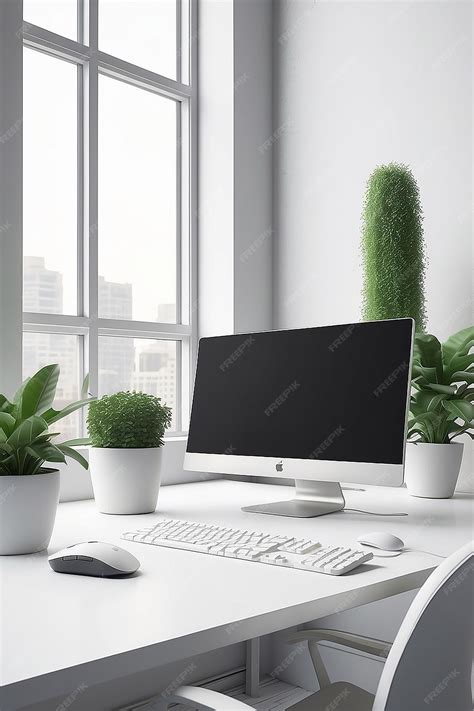 Modern Workplace With A Blank Computer Monitor Keyboard And Mouse In Front Of The Window Plant