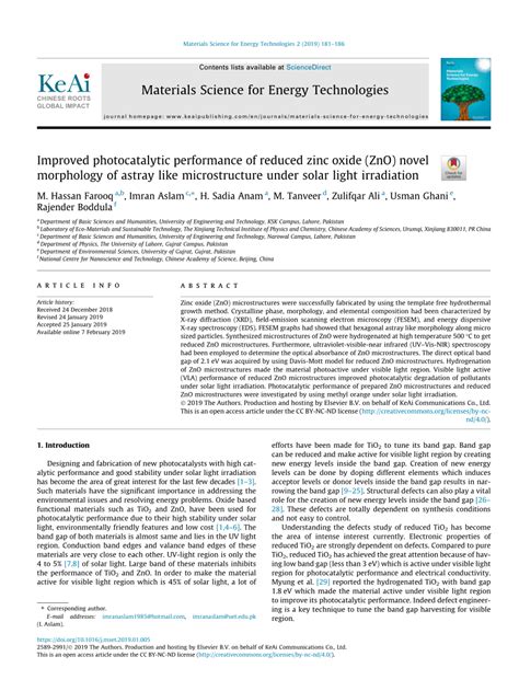 Pdf Improved Photocatalytic Performance Of Reduced Zinc Oxide Zno Novel Morphology Of Astray