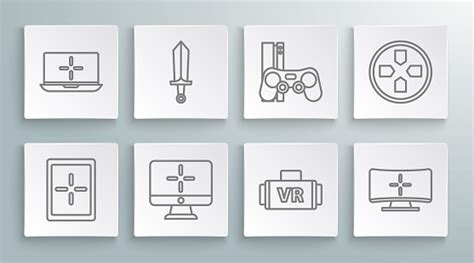 세트 라인 태블릿 게임용 검 컴퓨터 모니터 가상 현실 안경 조이스틱이 있는 게임 콘솔 게임 패드 및 노트북 아이콘 벡터 3차원 형태에 대한 스톡 벡터 아트 및 기타 이미지