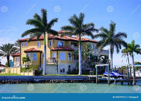 Panorama Of Luxury Beach House With Boat Dock Stock Image Image Of