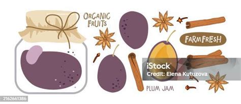 매화 잼 통조림 손으로 그린 낙서 매화 잼 Ang 재료 농산물 유리 항아리에 담긴 수제 과일 젤리 항아리 보존 과일 플랫 벡터 음식 템플릿 메뉴 스티커 로고 농민 시장 개체