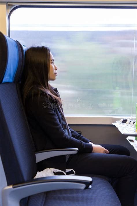 Cute Young Asian Female Tourists Sitting On The Express Train Stock Image Image Of Airport