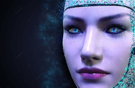 Female Robot Face At Blue Technology Background Future Tech Background