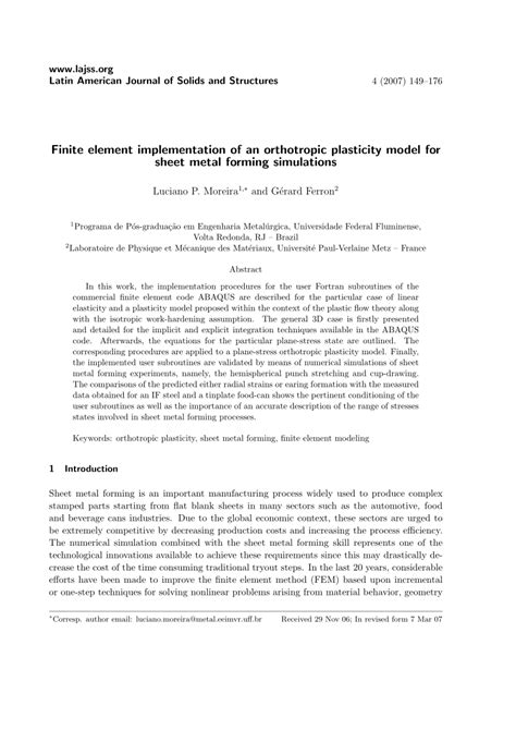 Pdf Finite Element Implementation Of An Orthotropic Plasticity Model