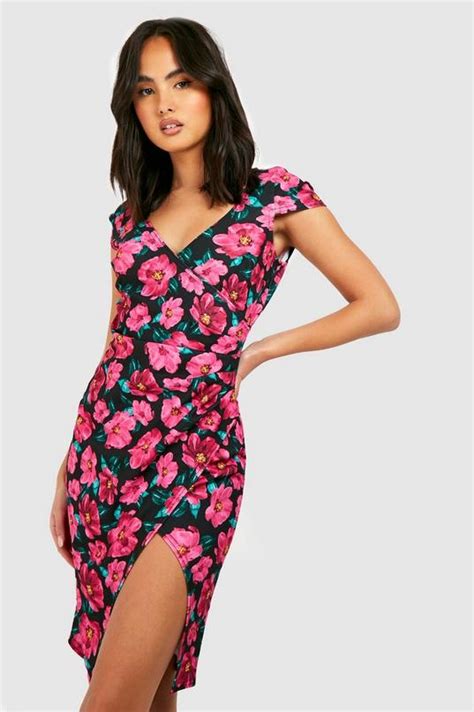 Floral Print Cap Sleeve Wrap Midi Dress Boohoo Uk