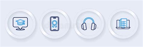 Set Line Online Quiz Test Survey Headphones Education With Diploma And Graduation Cap Speech