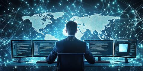 Professional Working At Multiple Computer Screens With A Digital World Map In The Background