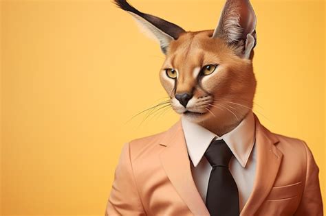 Premium Photo Caracal Cat In Orange Business Suit On Dark Yellow