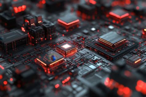 A Computer Chip With A Red Light On It Stock Illustration