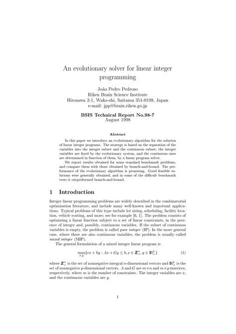 Pdf An Evolutionary Solver For Linear Integer Programming