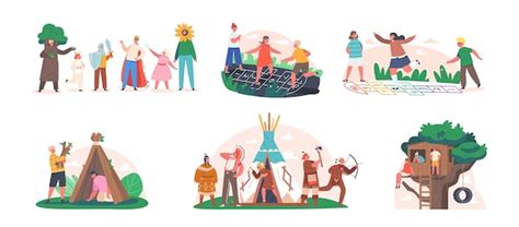야외 어린이 게임 및 재미있는 어린이 캐릭터 나무 위의 집 동화에 앉아 Hopscotch 인디언을 재생 설정 프리미엄 벡터