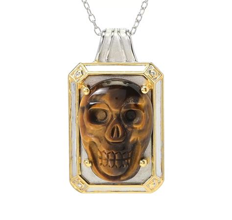 Gems En Vogue Palladium Silver Tiger Eye Skull Carved Mens Pendant