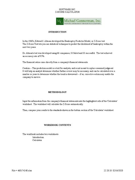 Altman Z Score Calc Excel Pdf Worksheet Equity Finance