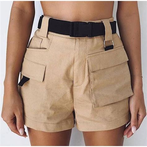 High Waist Wide Leg Cargo Womens Shorts Vintage Sashes Solid Khaki