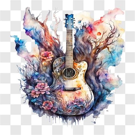 Download Abstract Watercolor Guitar With Flowers And Trees Background
