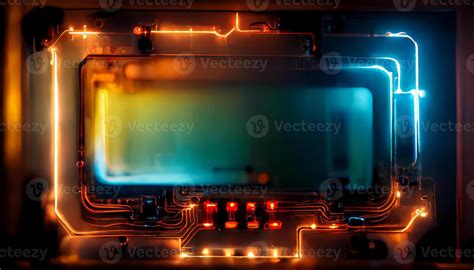 Electrical Glowing Lighting Neon Circuit On CPU Mainboard Background Technology And Abstract