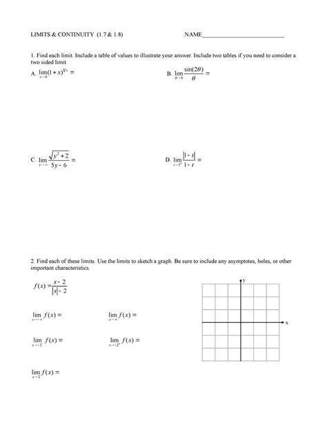 continuity worksheet y x limits and continuity 1 and 1 name