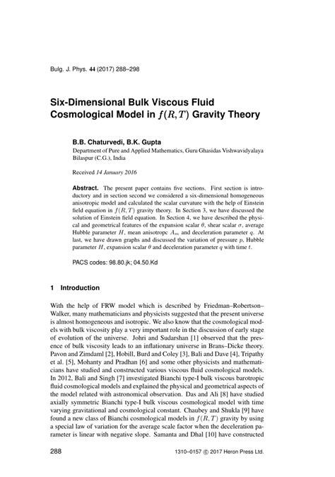Pdf Six Dimensional Bulk Viscous Fluid Cosmological Model In Fr T Gravity Theory