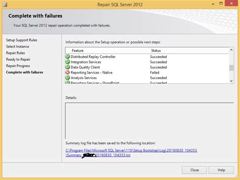 SQL Server 2012 Developer Edition Repair Fails Database