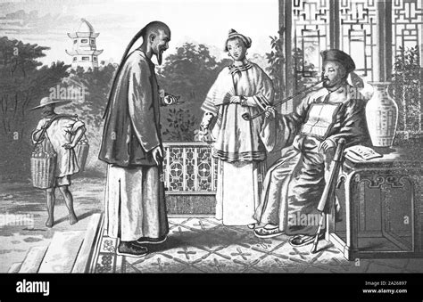 An Engraving Depicting A Chinese Man Smoking A Pipe Giving Audience To