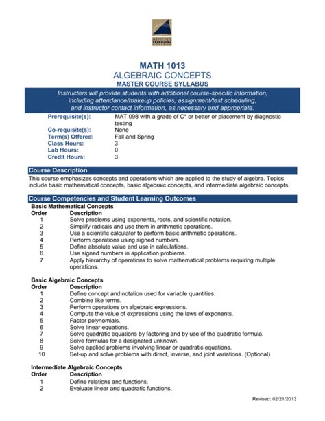 Math Algebraic Concepts Course Syllabus