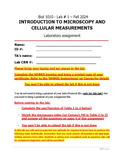 Lab 1 Intro To Microscopy Lab Assignment F2024 Biol 1010 Lab