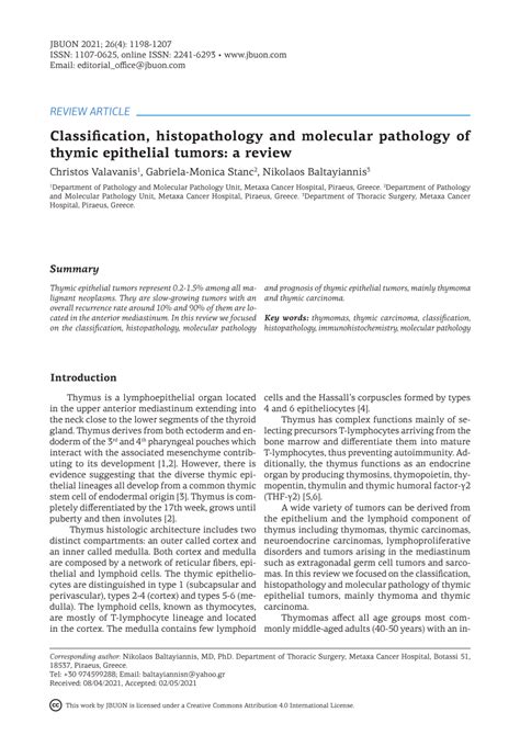 Pdf Classification Histopathology And Molecular Pathology Of Thymic